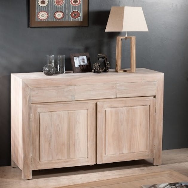 Buffet bas 2 portes 3 tiroirs moderne teck blanchi 120cm DIANE ...