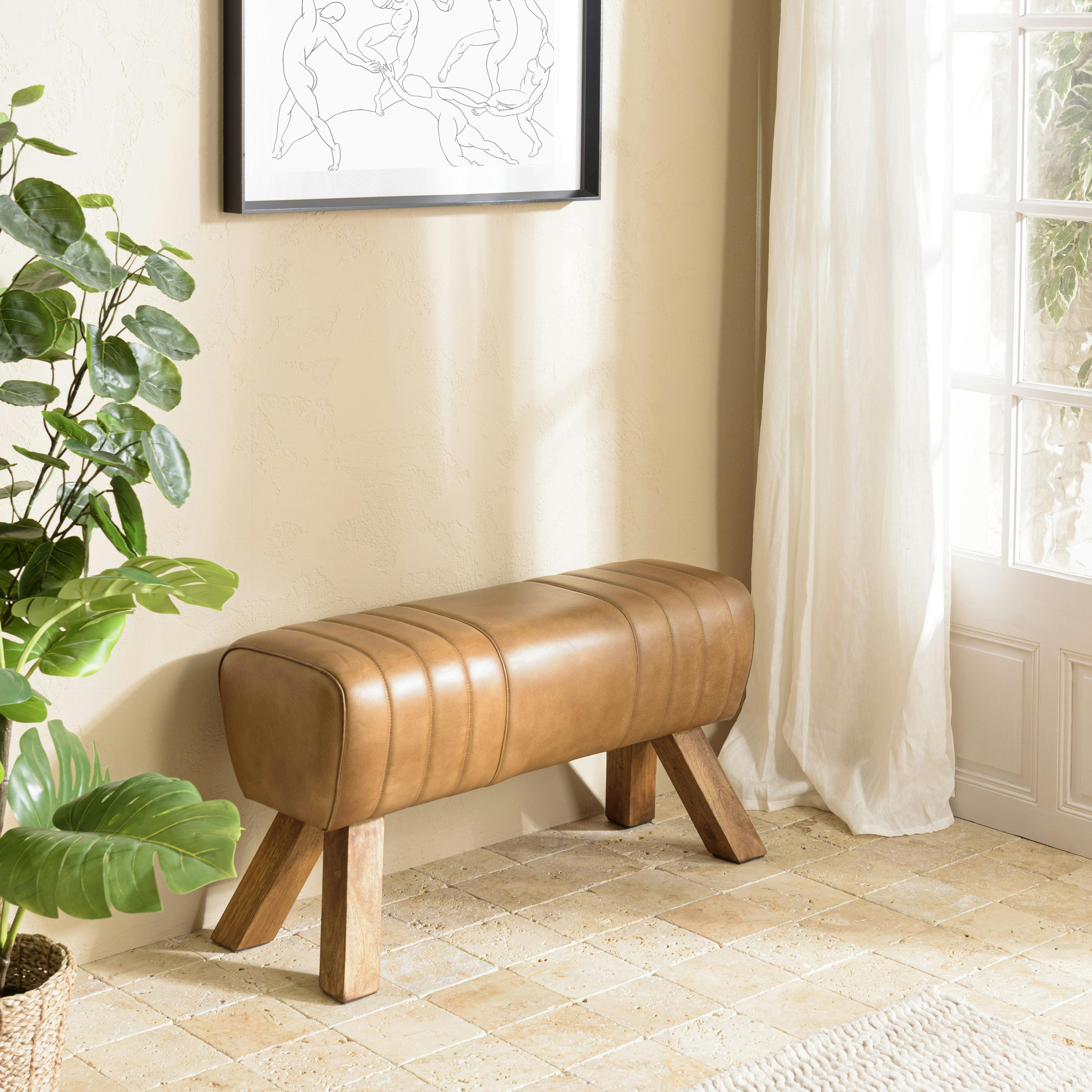 Banc cuir havane pieds en bois 89 cm TIM | Bancs | Pier Import