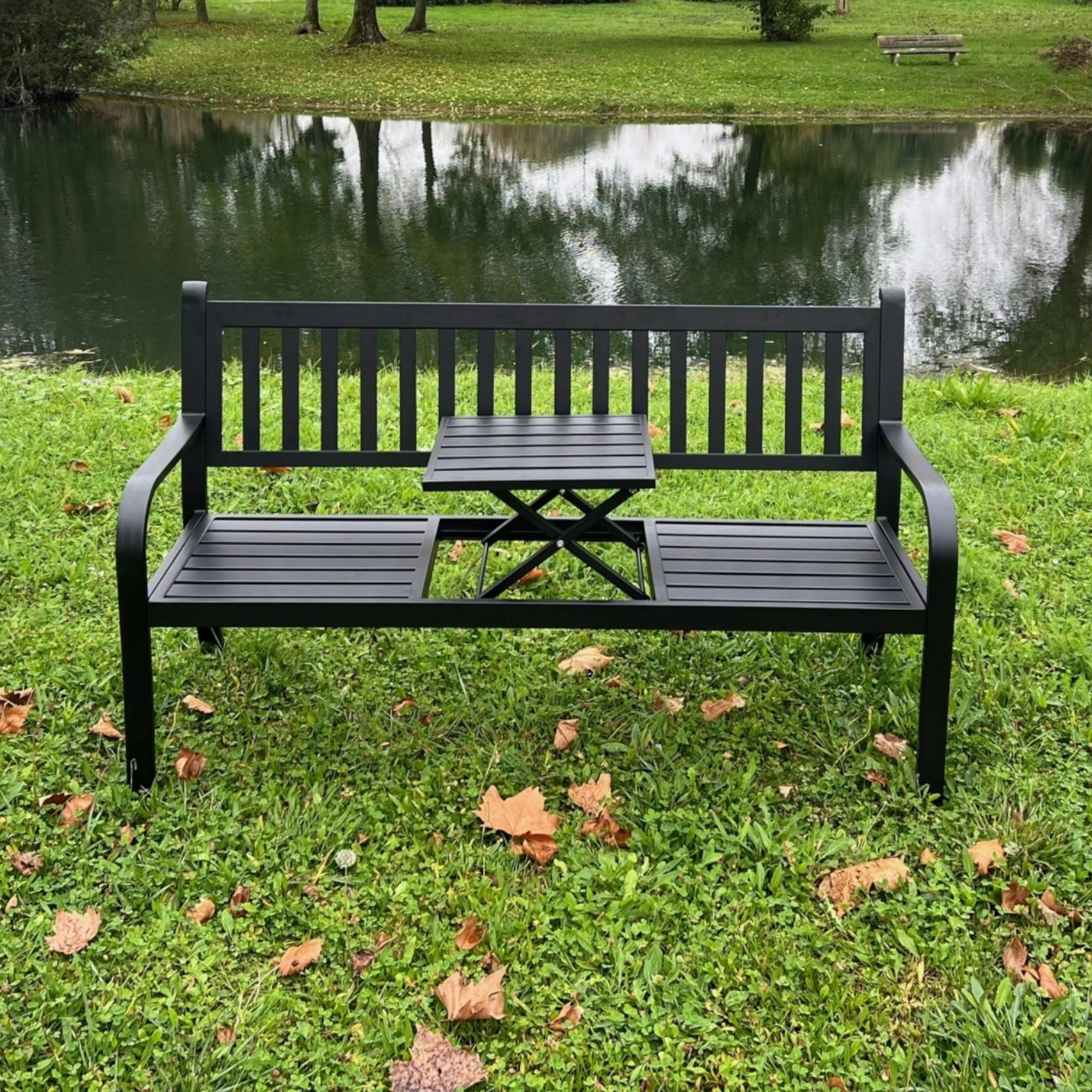 Banc de jardin alu noir 152 cm avec tablette relevable GRENADE | Bancs ...