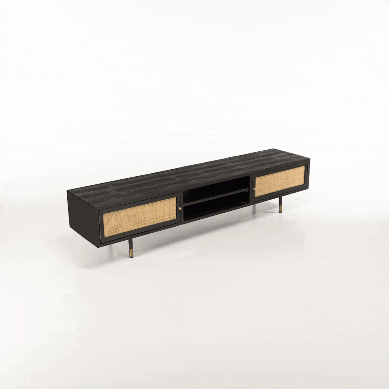 Banc tv noir en bois et cannage ALICANTE | Meubles TV | Pier Import