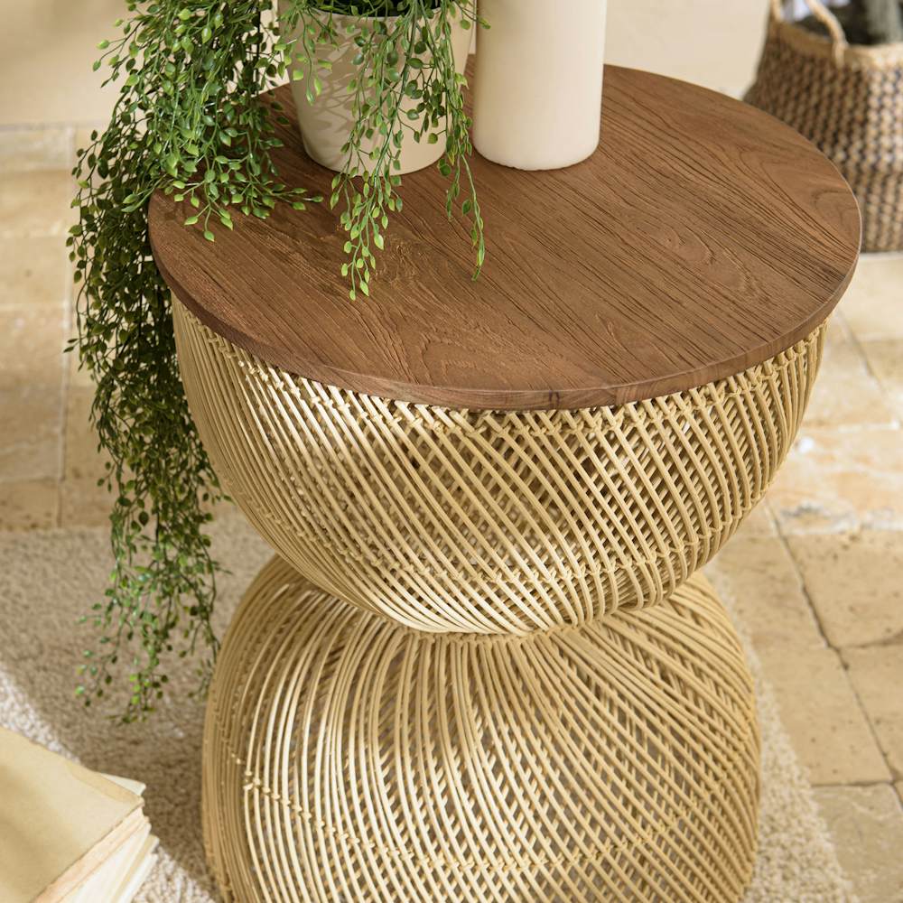 Bout de canapé rond en rotin beige plateau bois 41 cm SWING | Bouts de ...