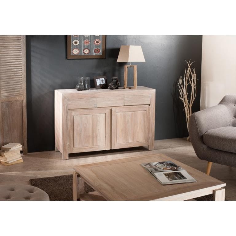 Buffet bas 2 portes 3 tiroirs moderne teck blanchi 120cm DIANE ...