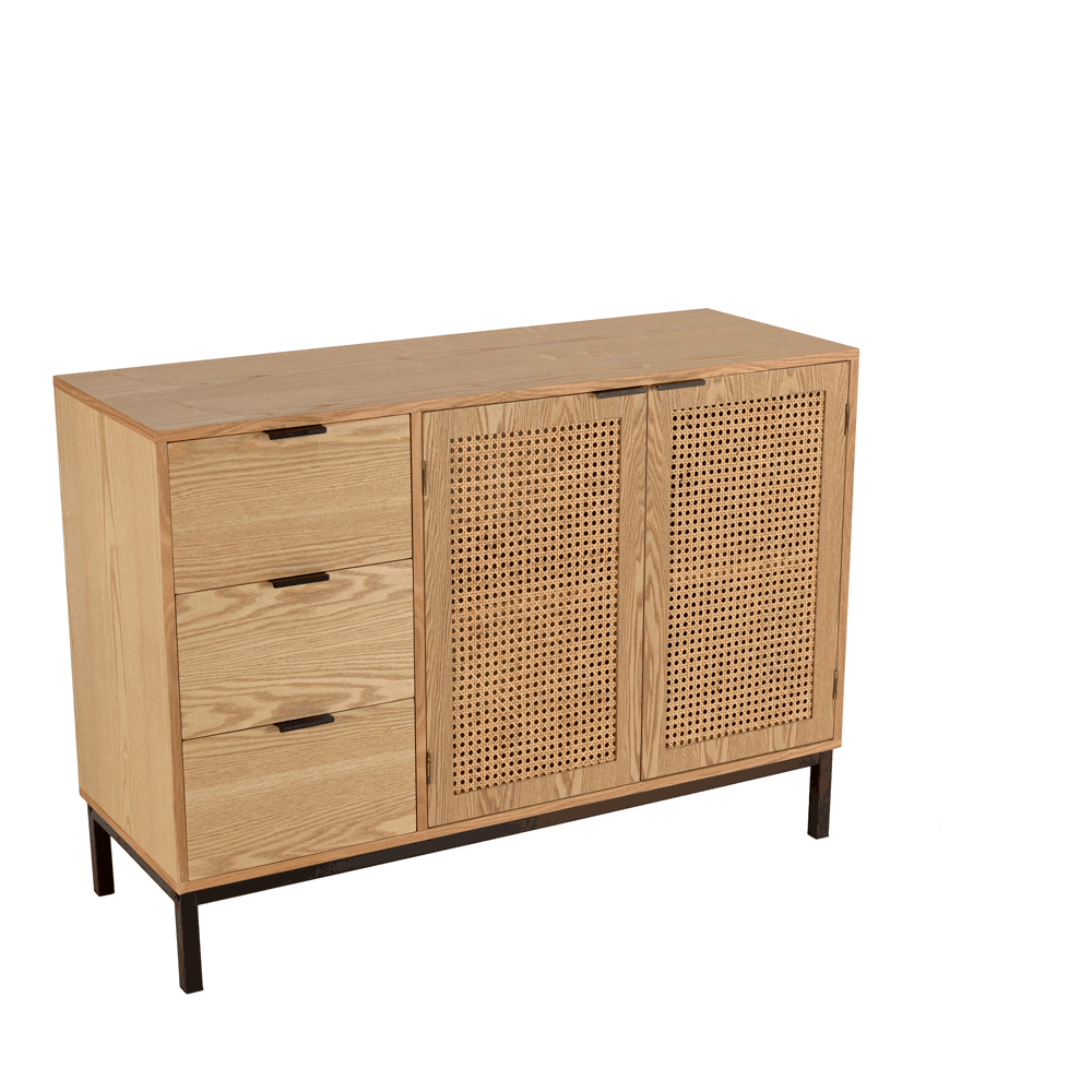 Buffet bois clair 2 portes rotin 3 tiroirs pieds métal PALMA | Buffets ...