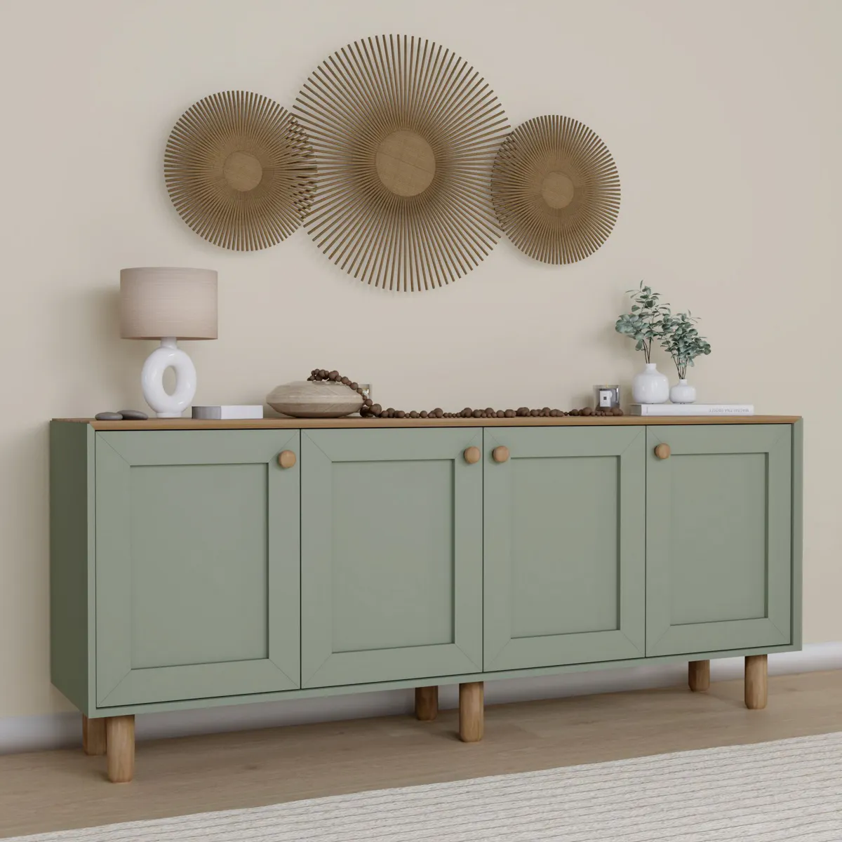 Buffet salle à manger vert sauge, plateau effet bois VAREN | Buffets ...