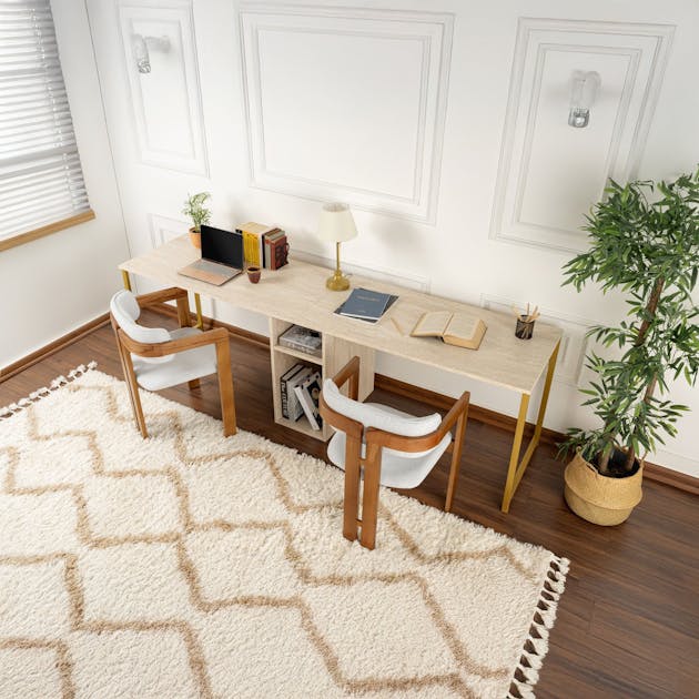 Bureau double avec rangement central - plateau effet travertin MARFA | Bureaux | Pier Import