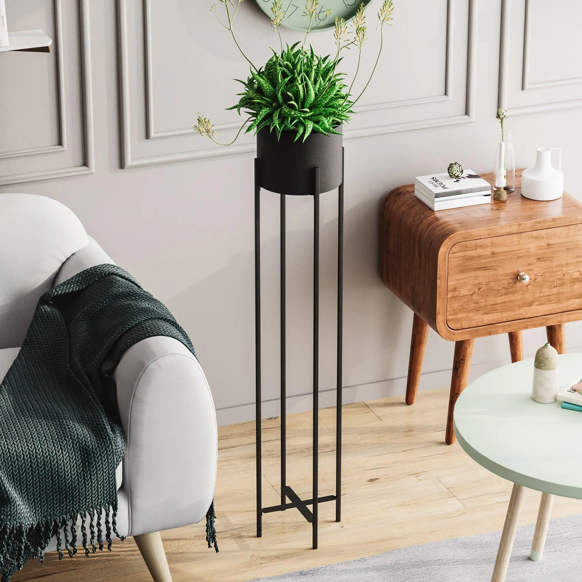 Cache-pot sur pied en métal noir – style moderne, 108 cm | Caches-pots ...