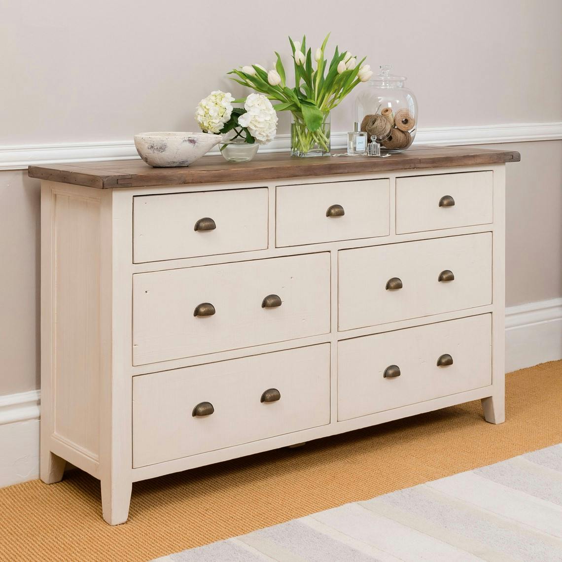 Commode blanche bois recyclé 7 tiroirs BRISTOL | Commodes | Pier Import