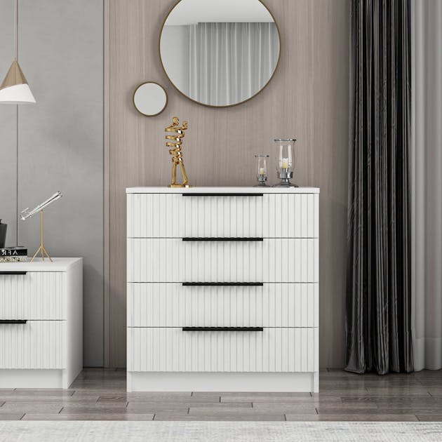 Commode blanche moderne 4 tiroirs, façade rainurée BYRON | Commodes ...