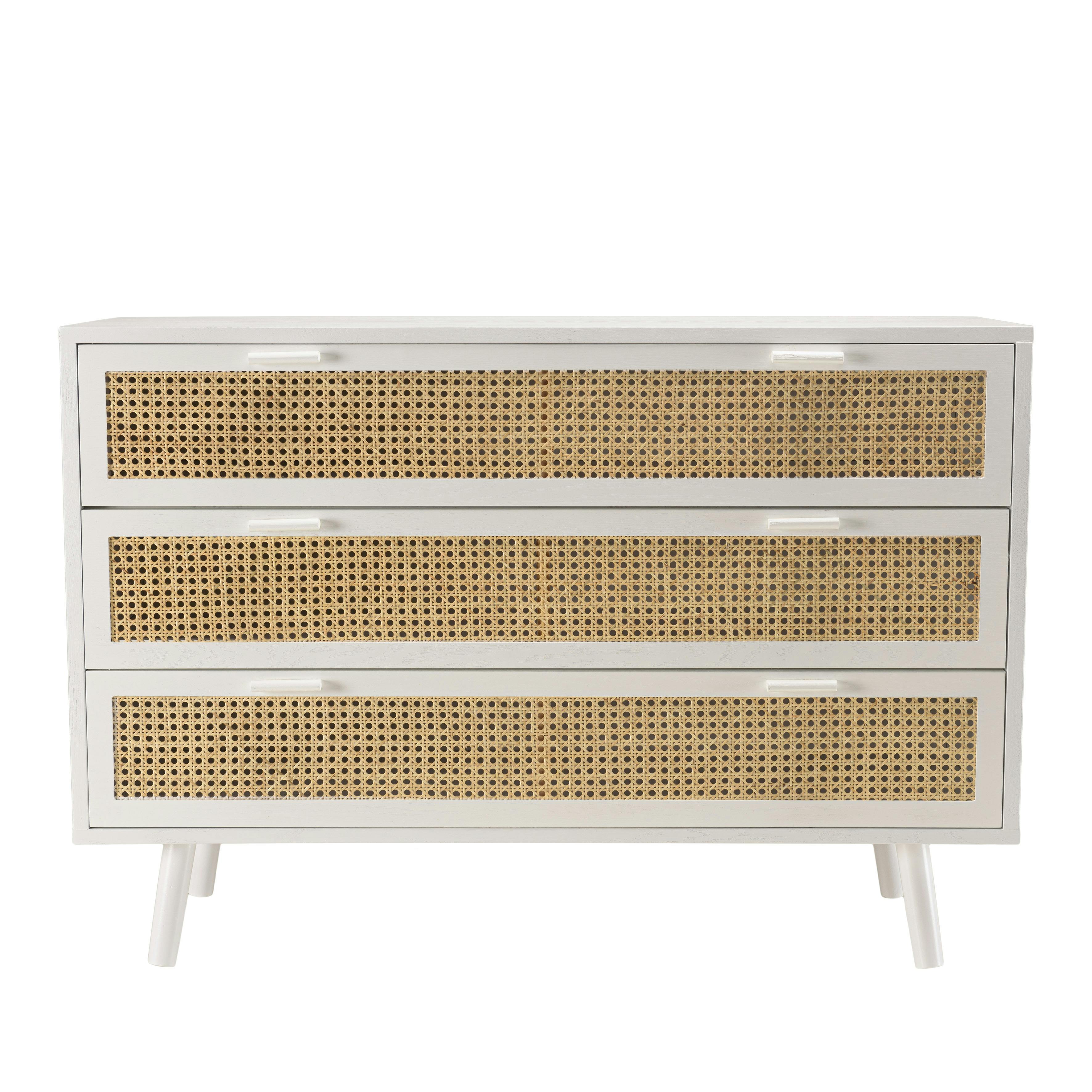 Commode bois blanc et cannage naturel 3 tiroirs CALVIA | Commodes ...