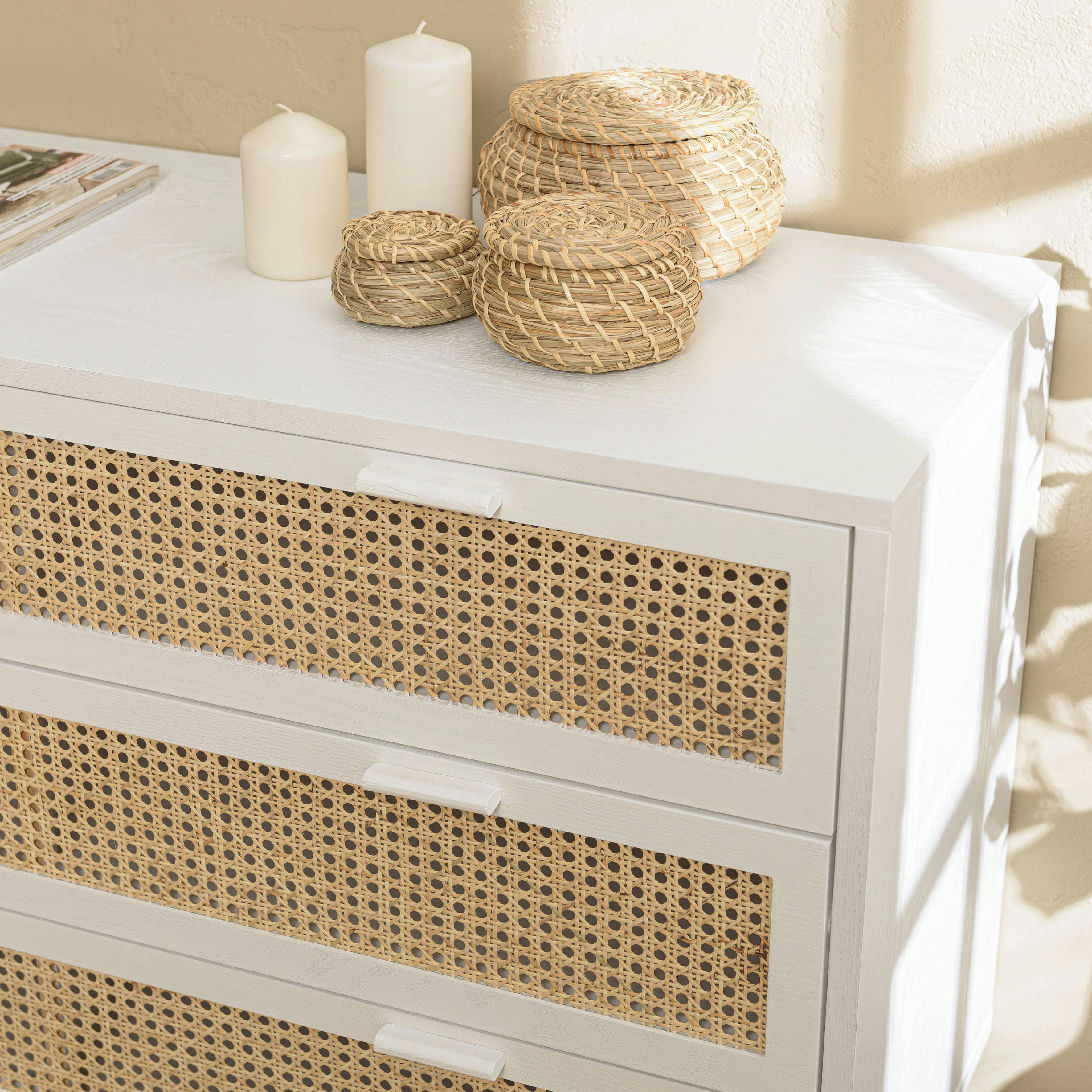 Commode bois blanc et cannage naturel 3 tiroirs CALVIA | Commodes ...