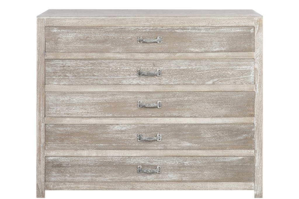 Commode bois naturel patiné grisé blanchi 5 tiroirs L100xP40xH80cm ...