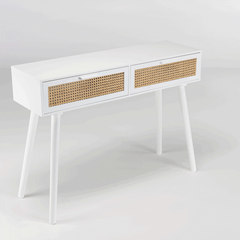 Console blanche moderne 2 tiroirs cannage naturel CALVIA | Consoles ...