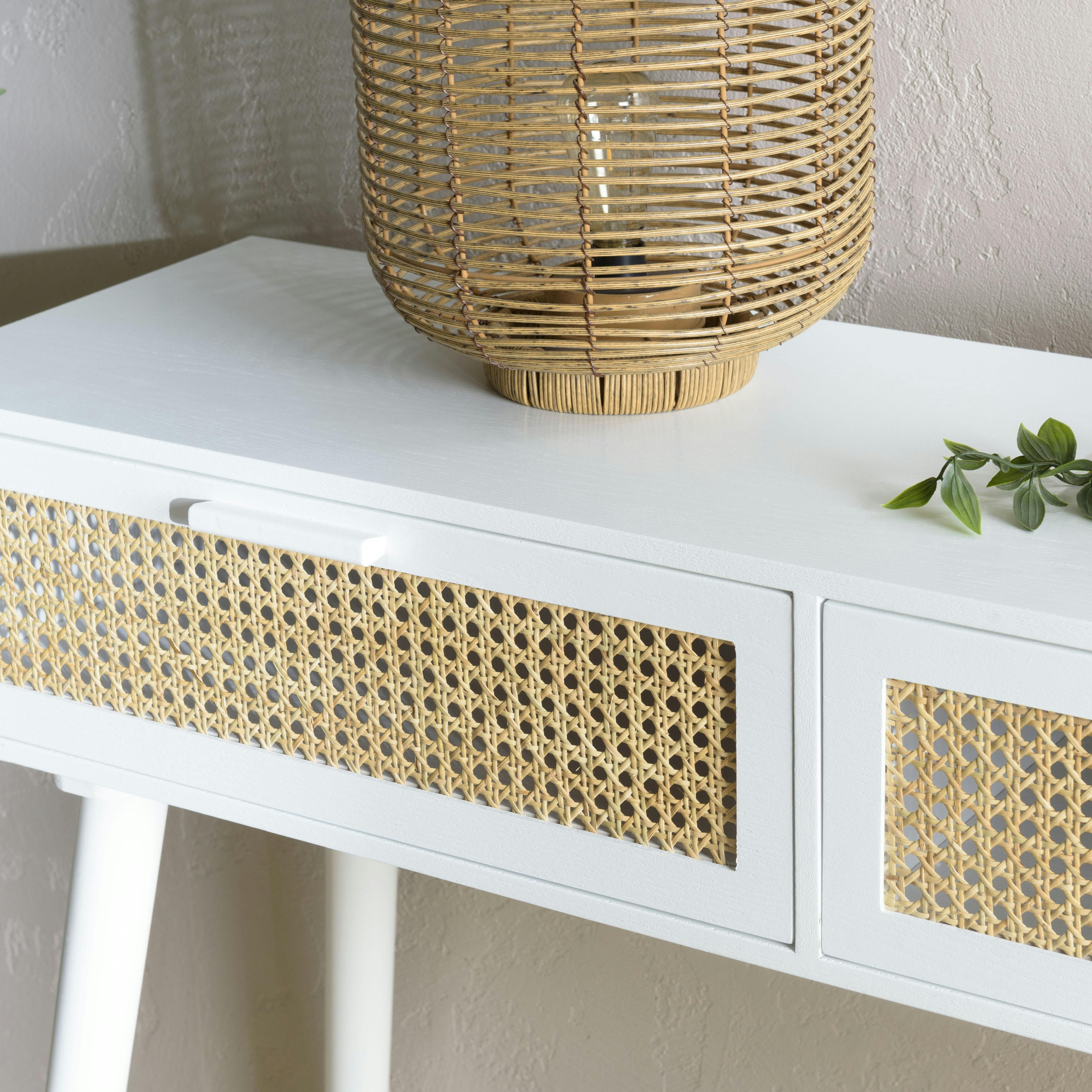 Console blanche moderne 2 tiroirs cannage naturel CALVIA | Consoles ...