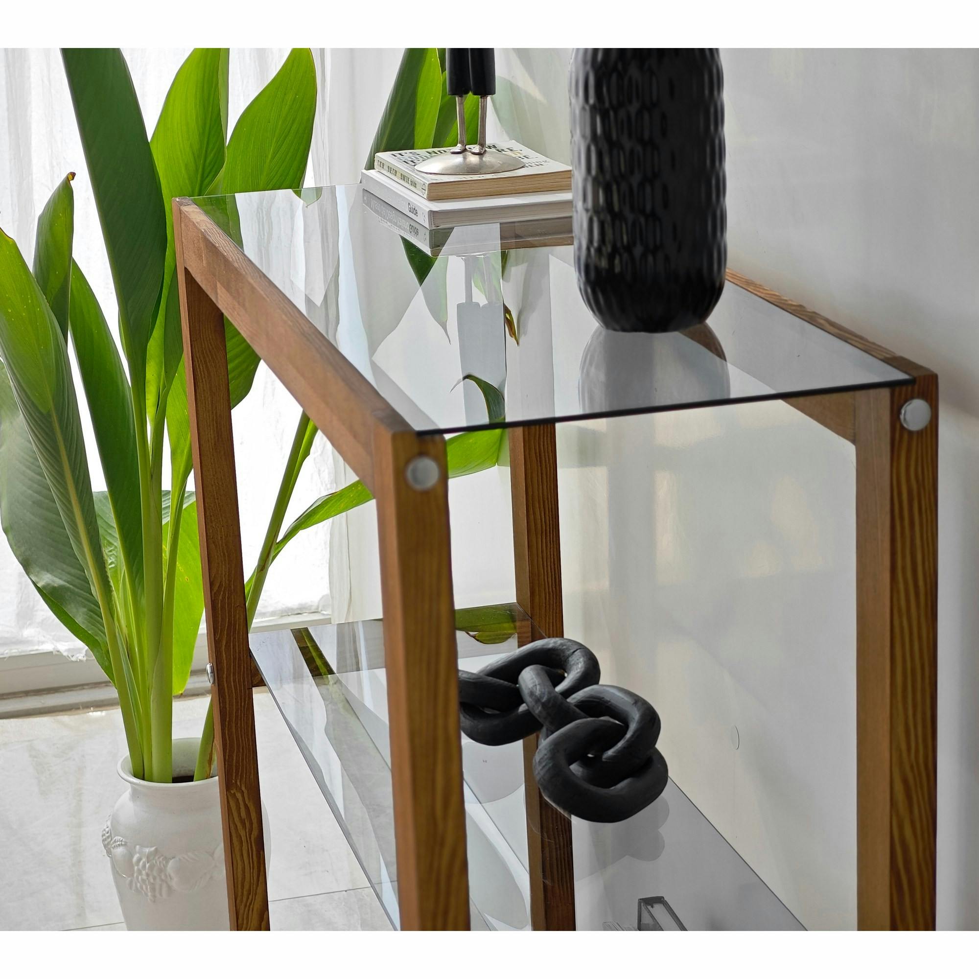Console de salon verre teinté bois brun - 2 plateaux LHASA | Consoles ...