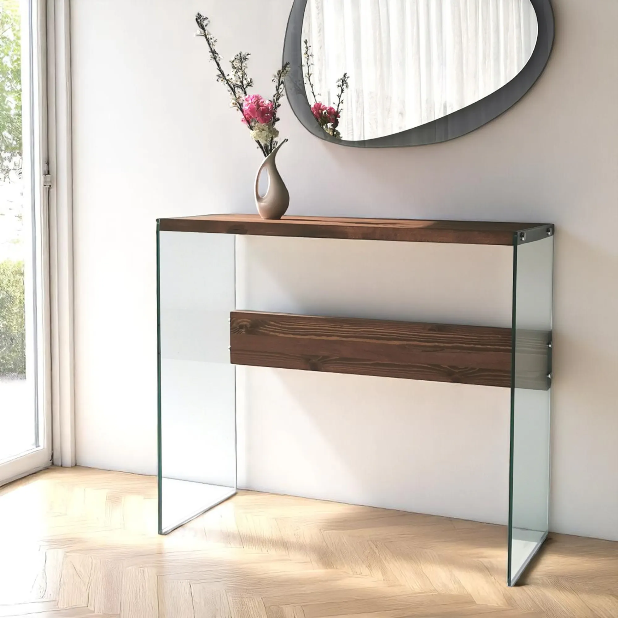Console d'entrée minimaliste en verre et bois brun LHASA | Consoles ...