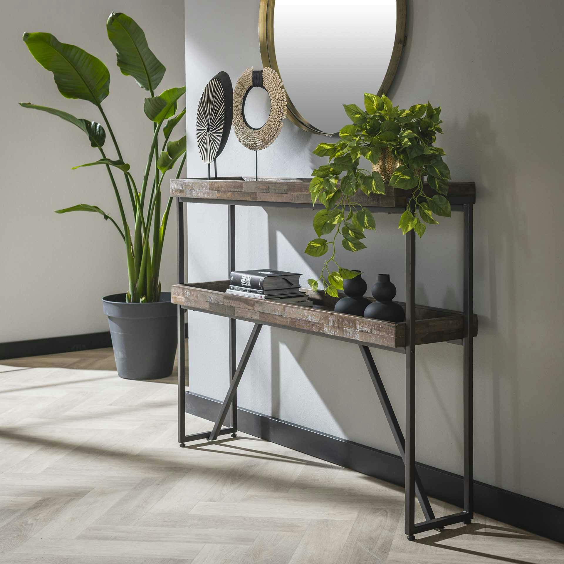 Console industrielle double plateau en teck recyclé fumé JAVA | Consoles | Pier Import