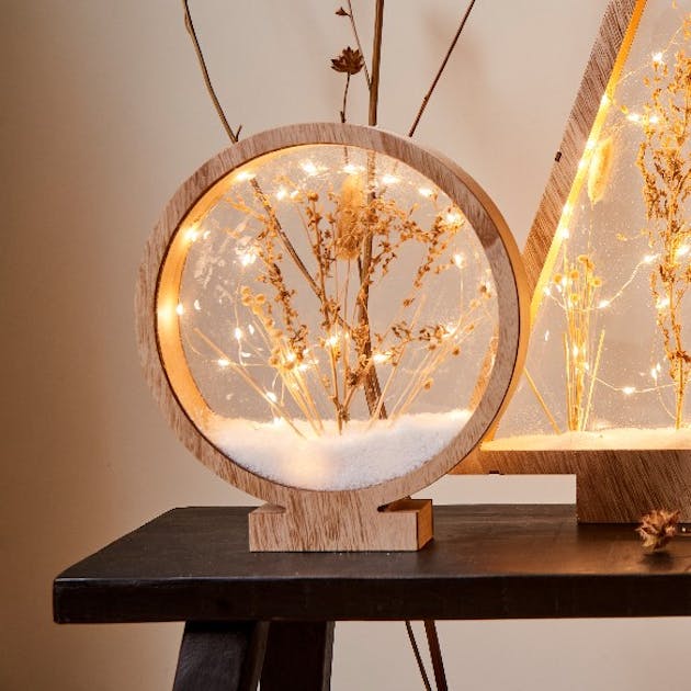 Décoration de Noël à poser, cadre rond lumineux avec neige et fleurs ...