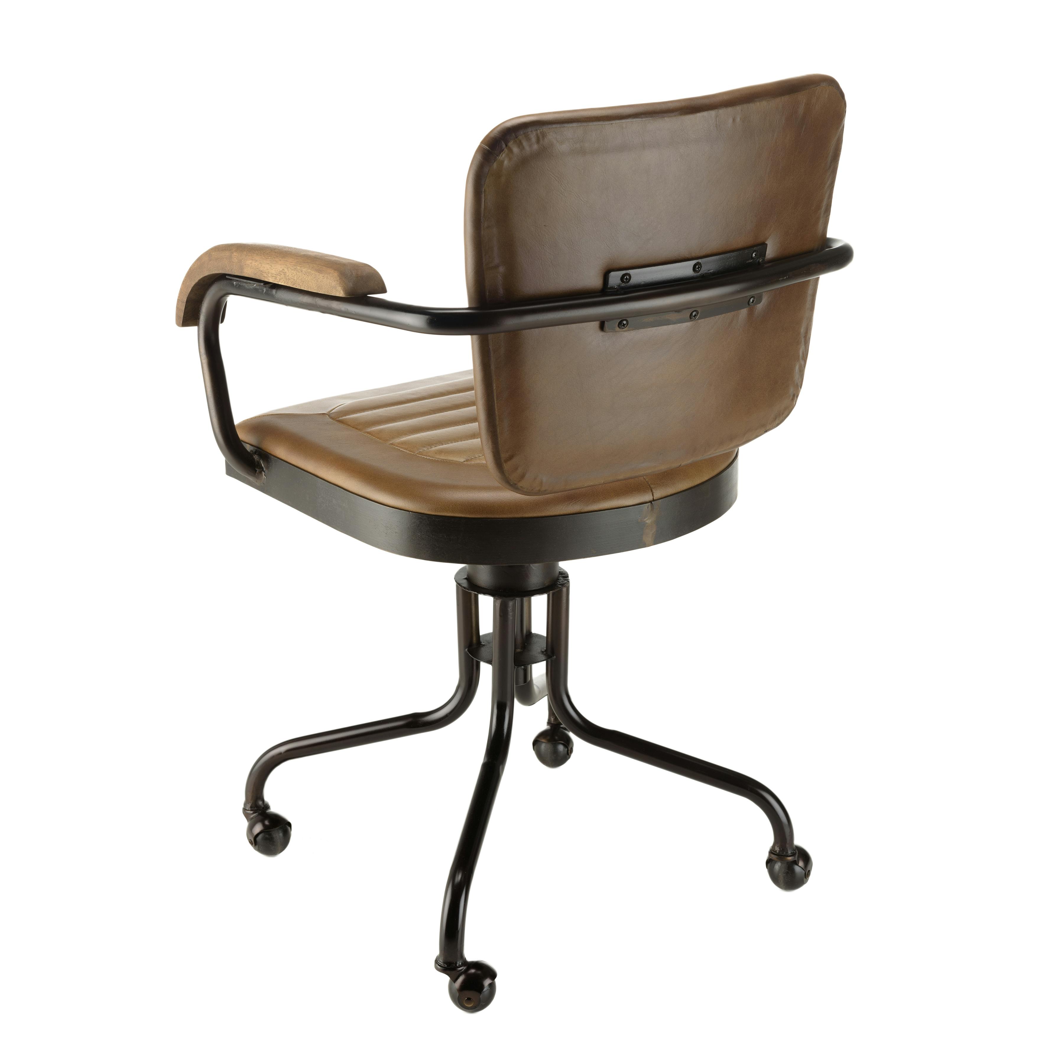 Fauteuil de bureau à roulettes cuir havane et bois TIM | Fauteuils de ...
