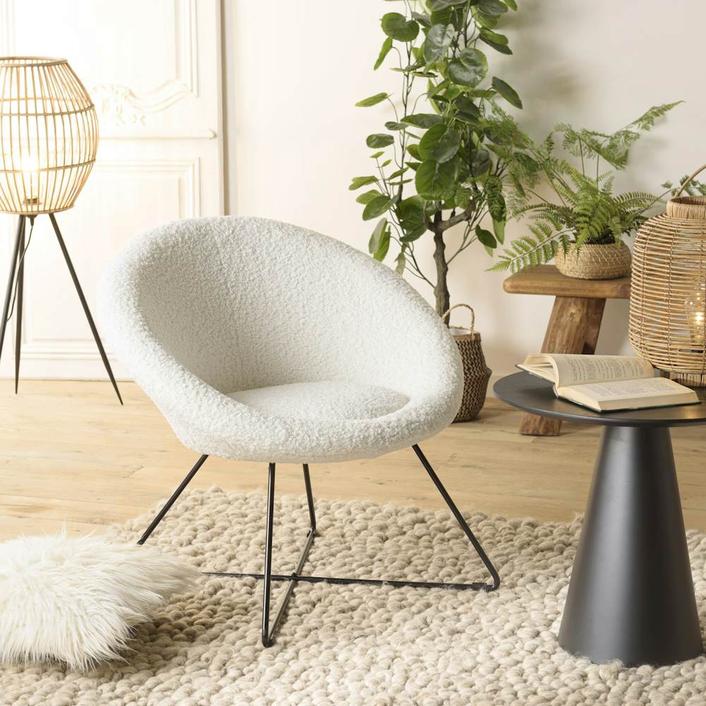 Fauteuil rond blanc tissu bouclette TIM | Fauteuils | Pier Import