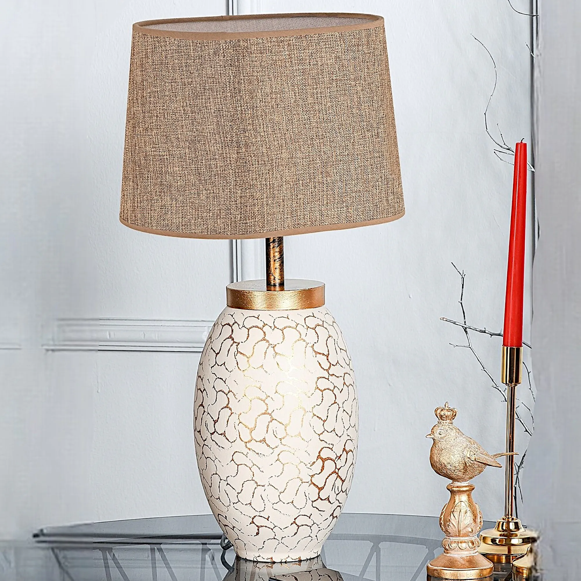 Lampe à poser moderne chic dorée, abat-jour brun chiné KARS | Lampes à ...