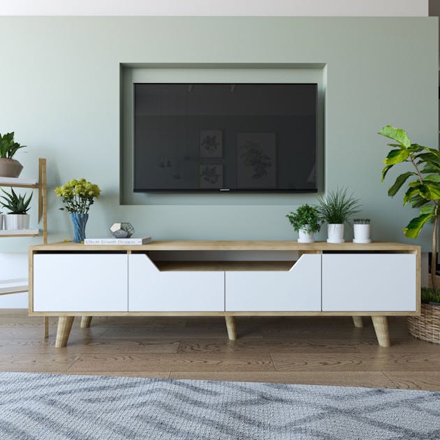 Long meuble TV 4 portes blanches et cadre clair 180 cm MARFA | Meubles ...