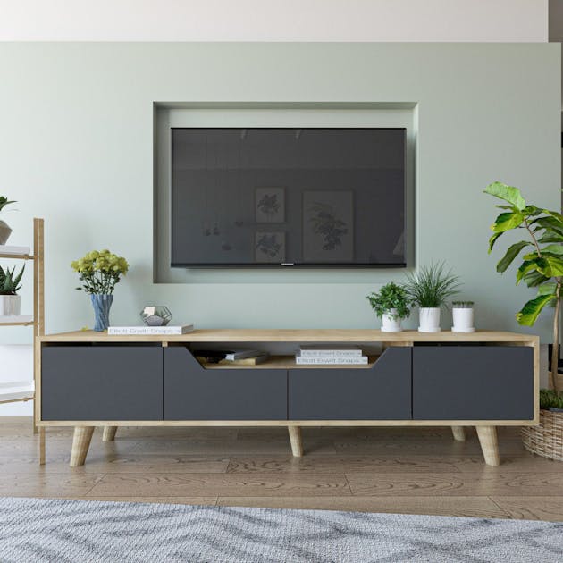 Long meuble TV 4 portes grises et cadre clair 180 cm MARFA | Meubles TV ...