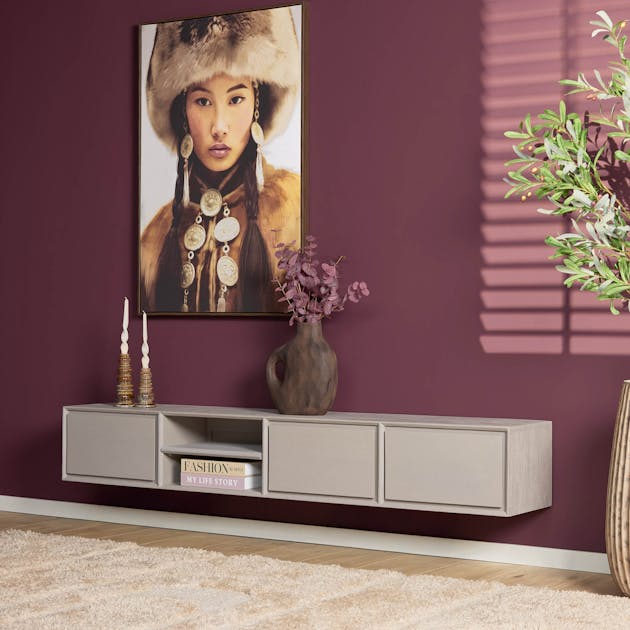 Meuble TV suspendu bois taupe 3 tiroirs 1 niche 200 cm AERA | Meubles ...