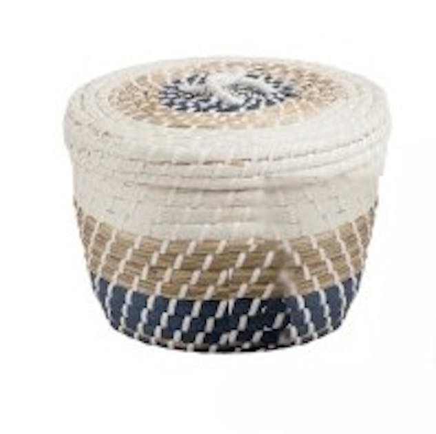 Panier rond avec couvercle en rotin naturel blanc et bleu D28xH18cm ...