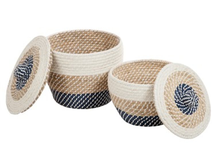 Panier rond avec couvercle en rotin naturel blanc et bleu D39xH29cm ...