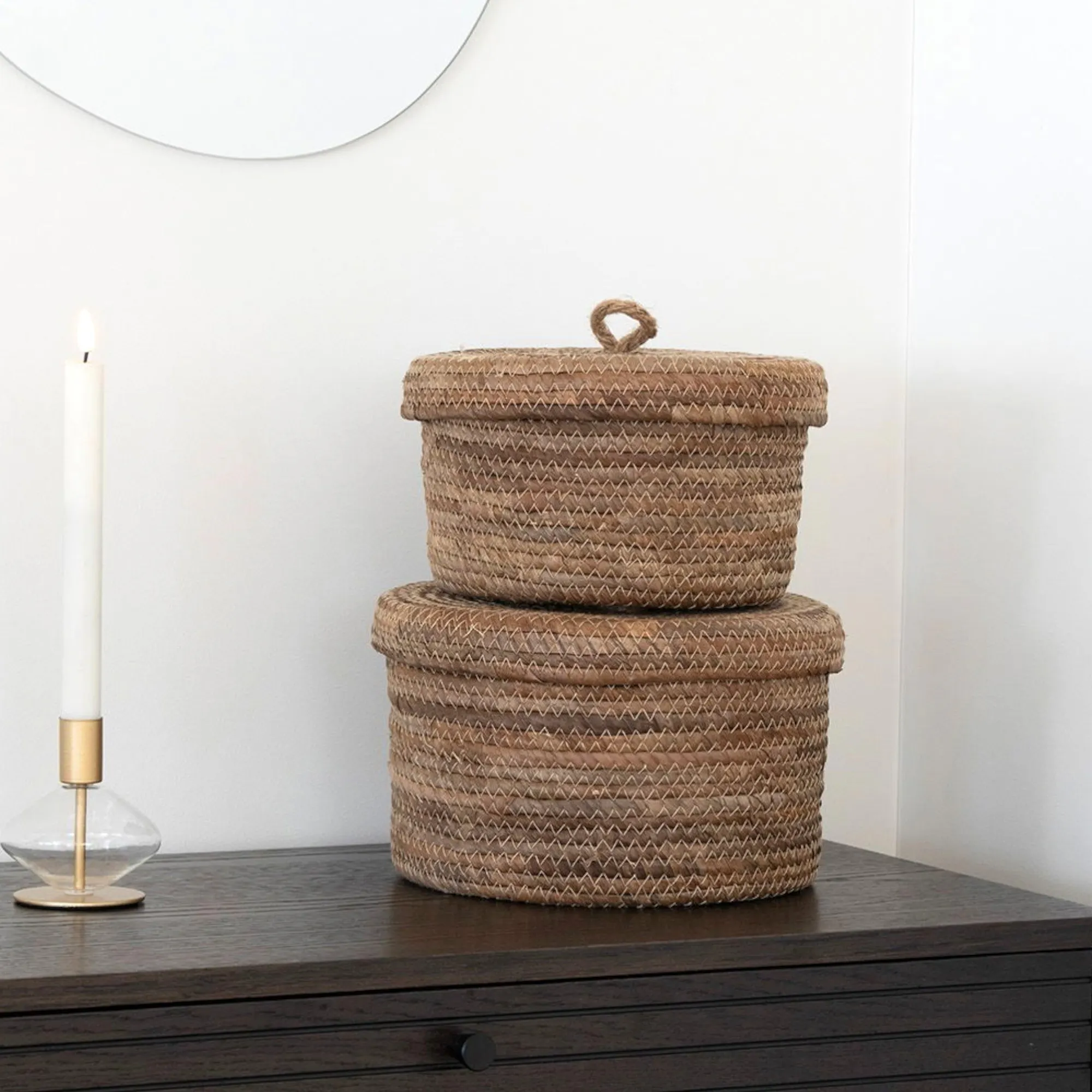 Petit panier de rangement rond en feuille de bananier avec couvercle ...