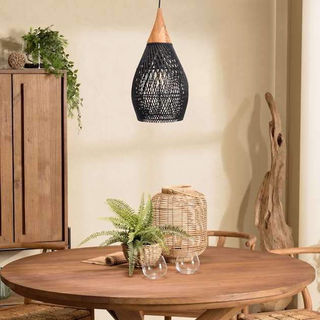 Suspension goutte 25x25cm en rotin couleur noire et teck FOLELLI ...