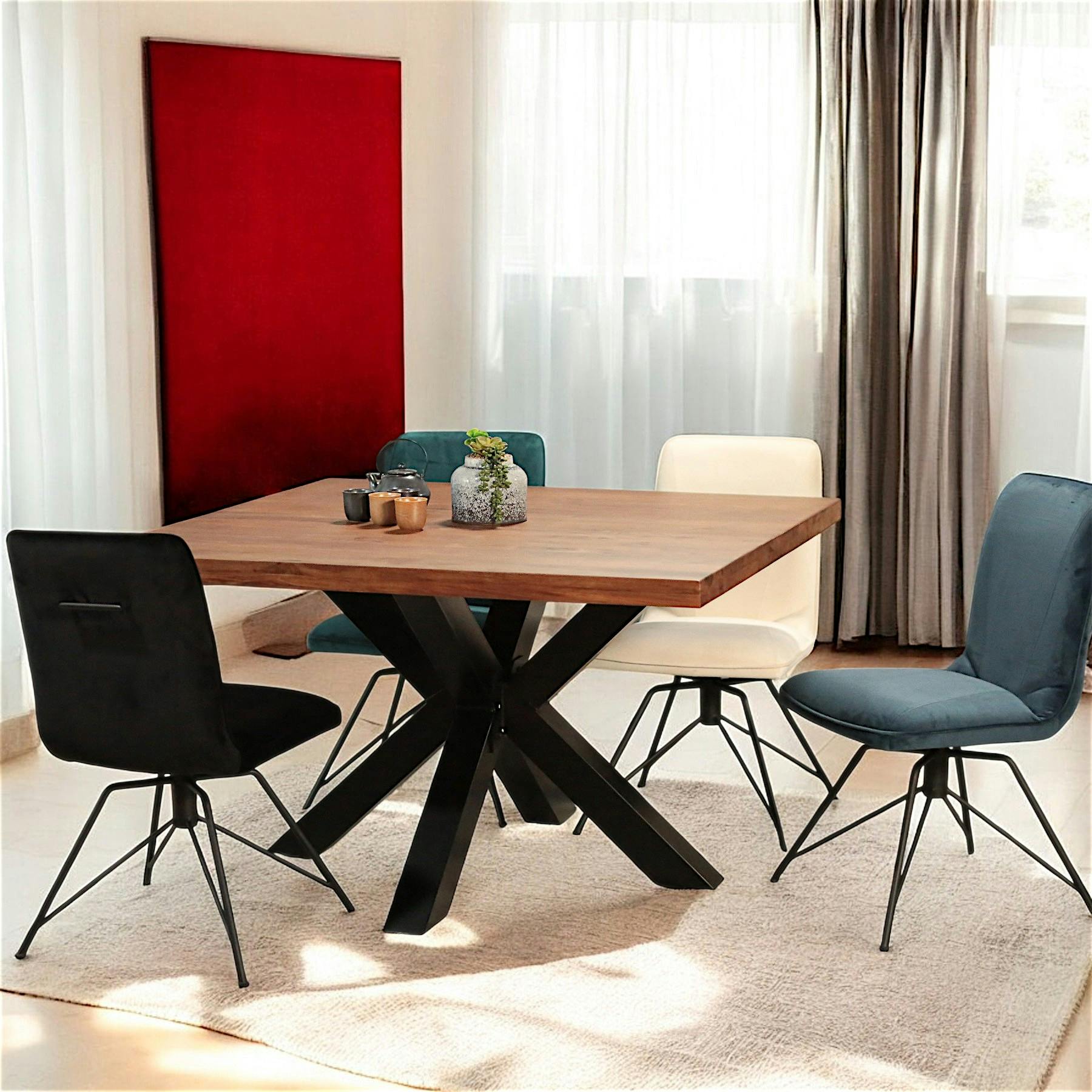 Table à manger carrée chêne métal pied croisé 130 cm OKA | Tables à ...