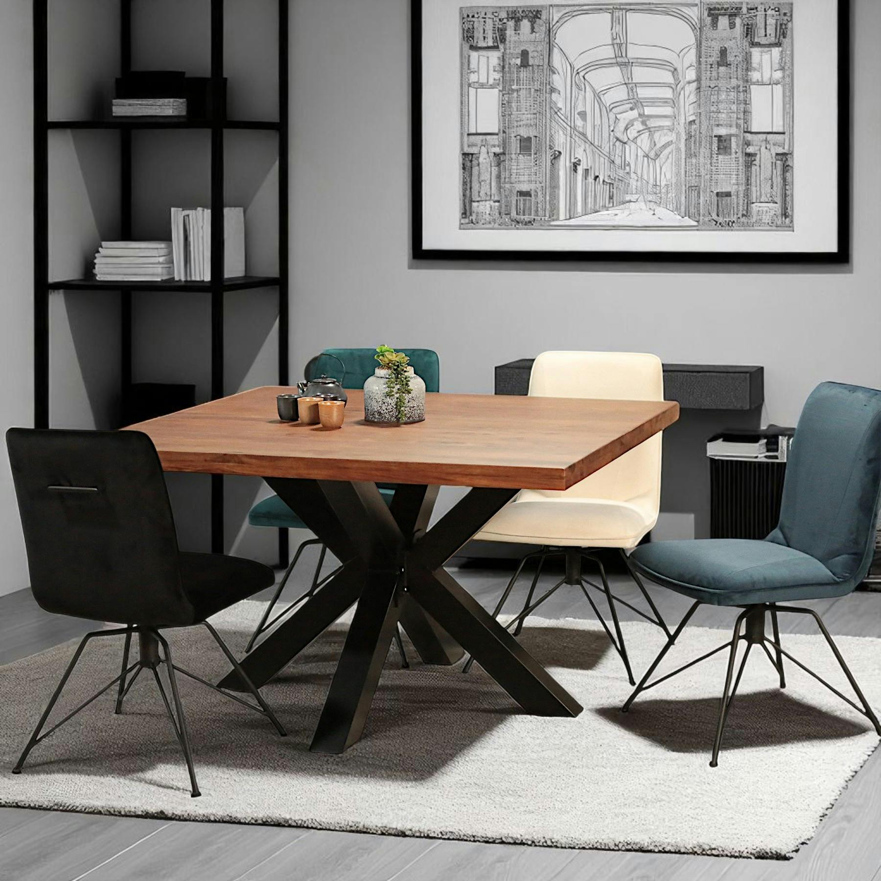 Table à manger carrée chêne métal pied croisé 130 cm OKA | Tables à ...