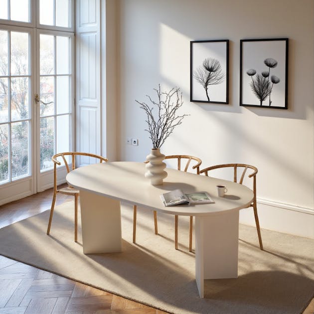 Table à manger moderne blanche effet bois pieds en V 180 cm MARFA ...