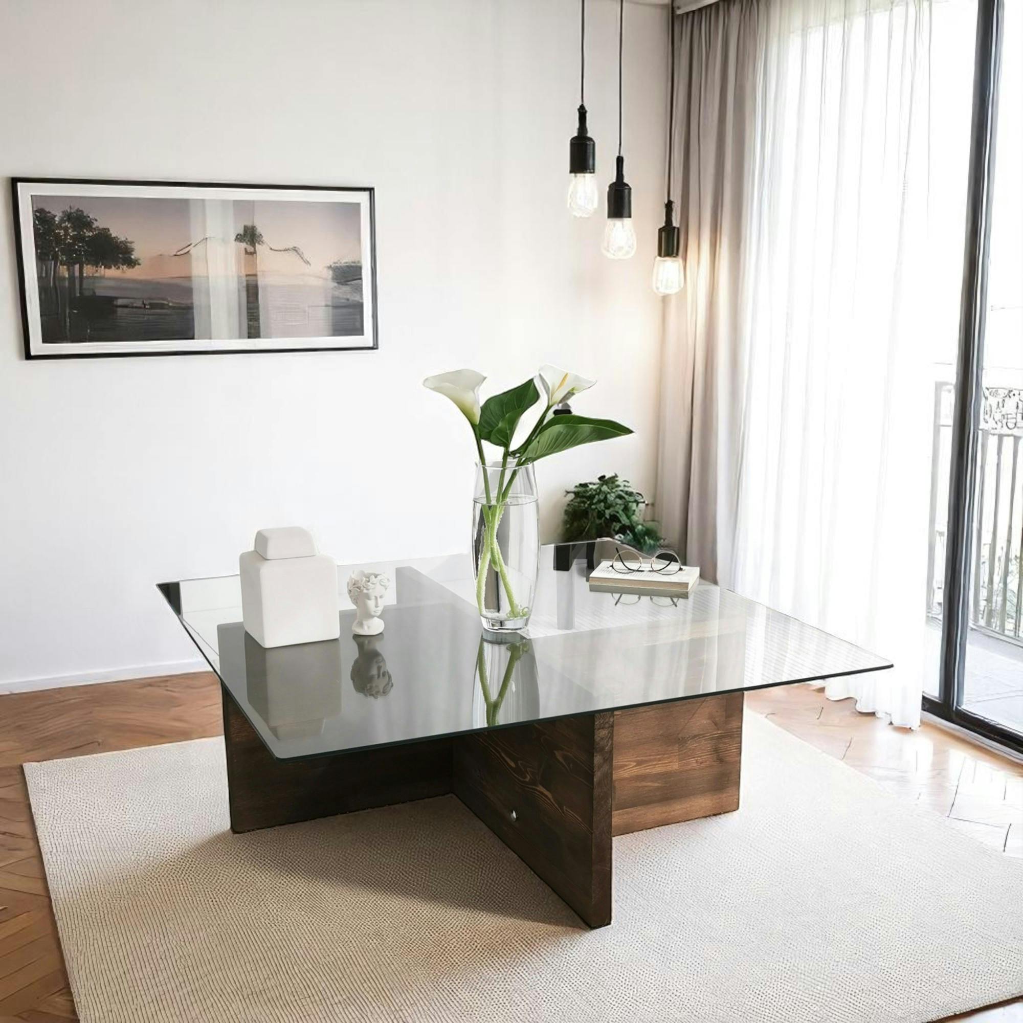 Table basse carrée verre et bois brun - base croisée LHASA | Tables ...