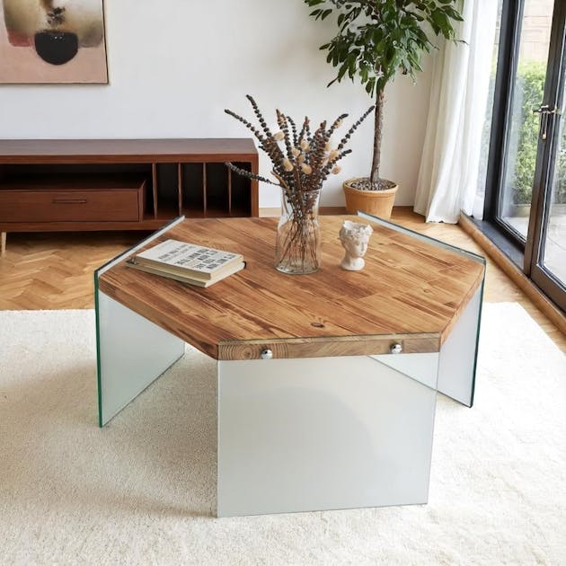 Table basse en bois clair et verre - forme hexagone LHASA | Tables ...