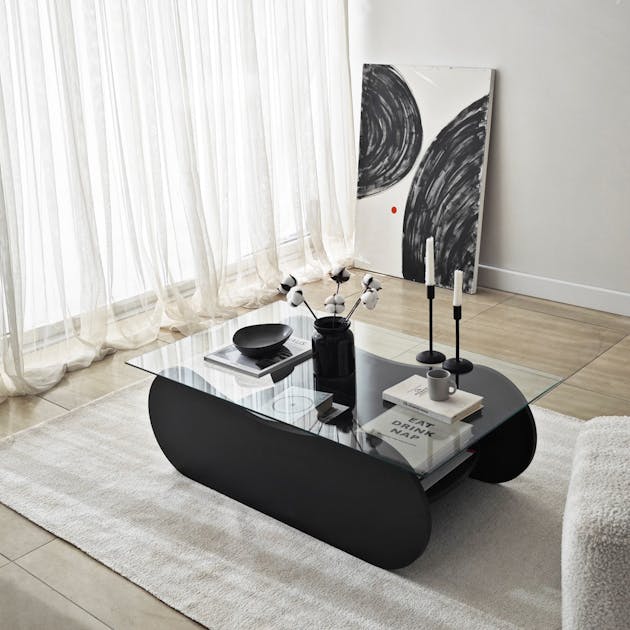 Table basse en verre, base luge noire avec rangement SALTA | Tables ...