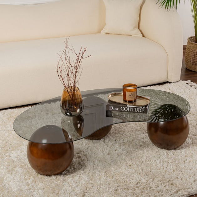 Table basse verre fumé design – 3 pieds boules marrons KOCHI | Tables basses | Pier Import
