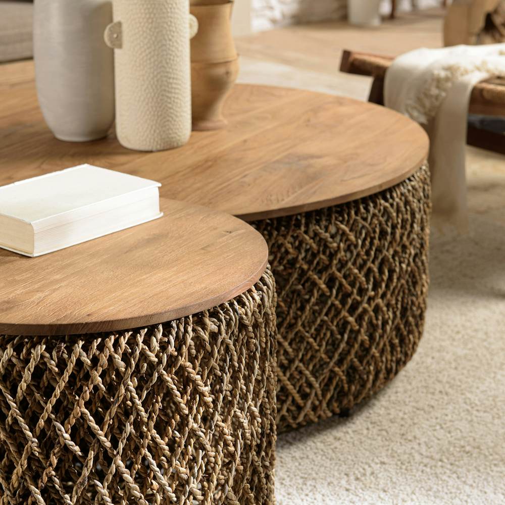Table basse gigogne ronde en teck et rotin (lot de 3) SWING | Tables ...