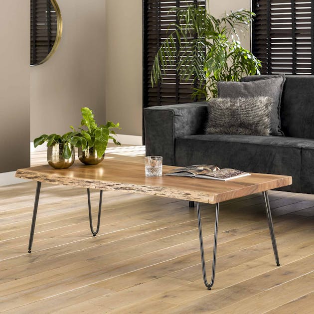 Table basse moderne en bois massif bordures naturelles MELBOURNE ...