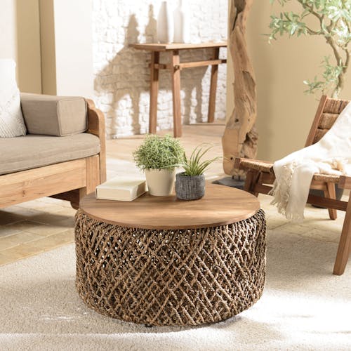 Table basse ronde 70 cm fibre tressée et bois SWING | Tables basses ...