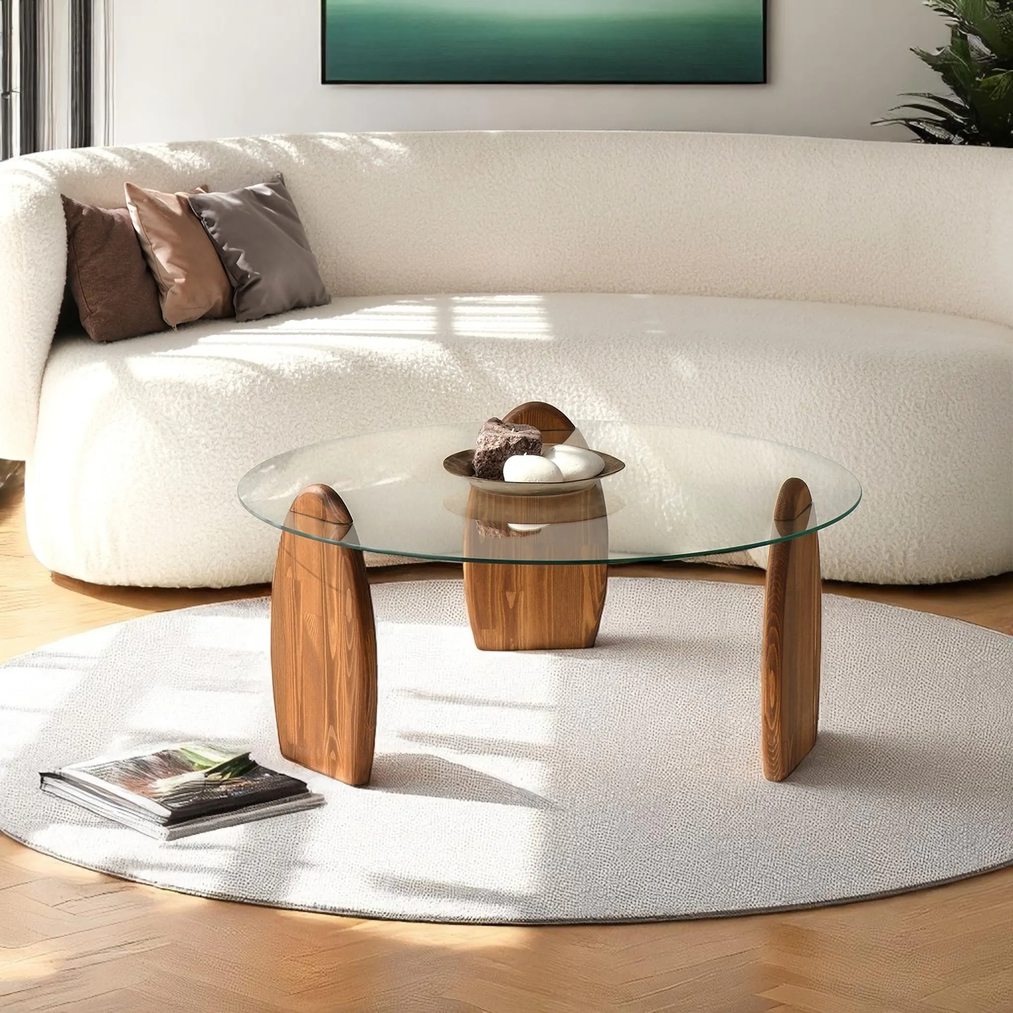 Table basse ronde en verre - 3 pieds bois brun ANZIO | Tables basses ...