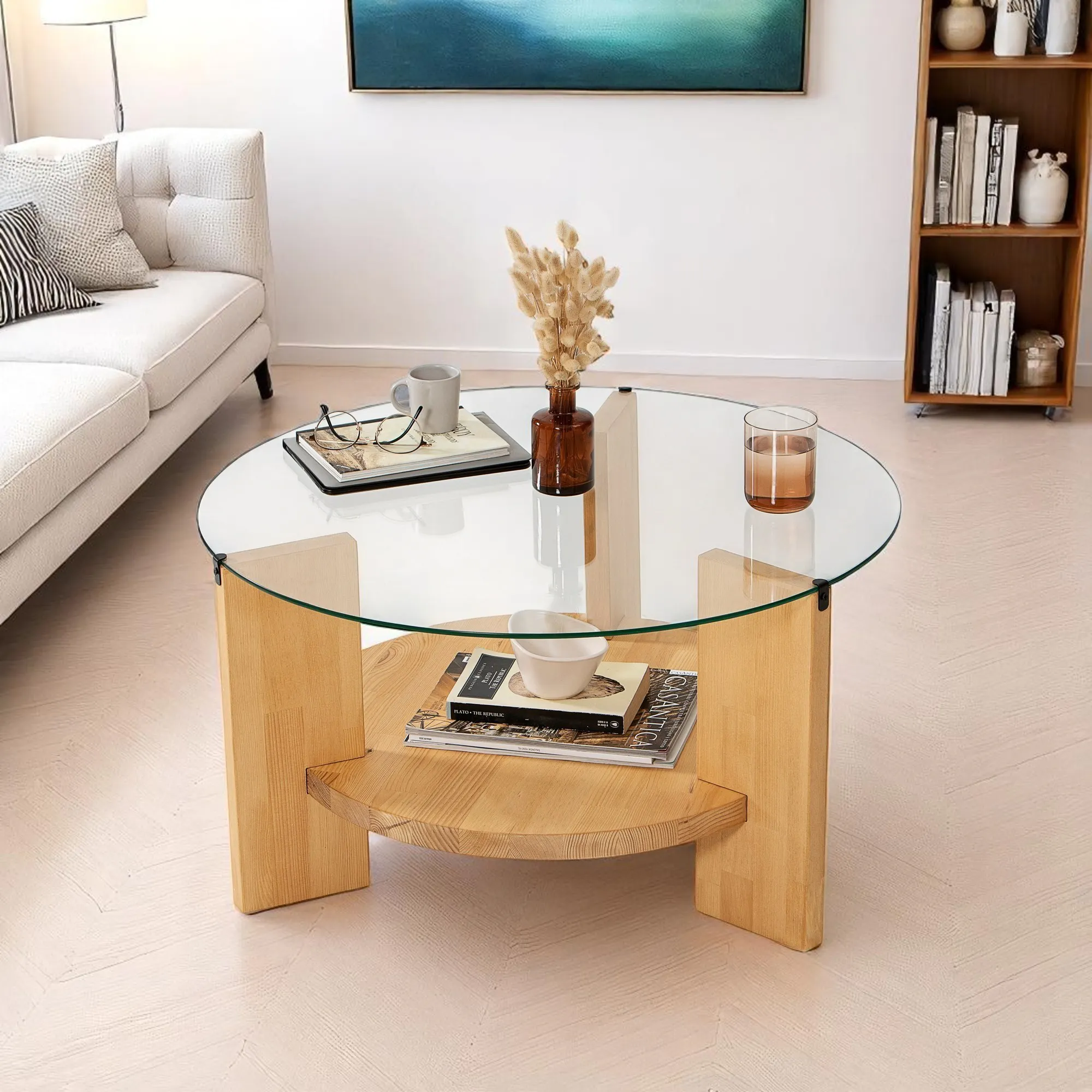 Table basse ronde en verre et bois clair - 2 plateaux ANZIO | Tables ...