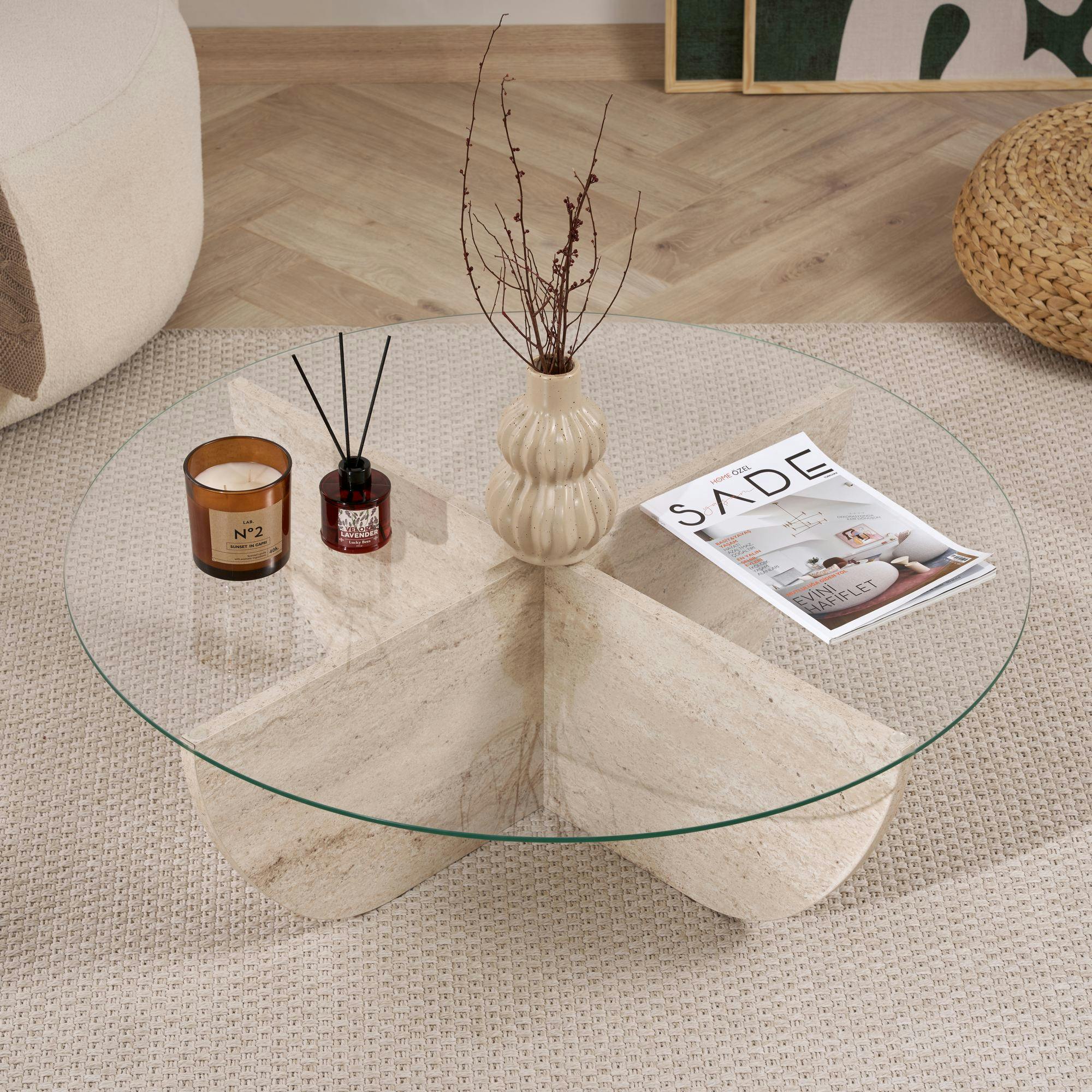 Table basse ronde en verre pied croisé effet travertin SALTA | Tables ...