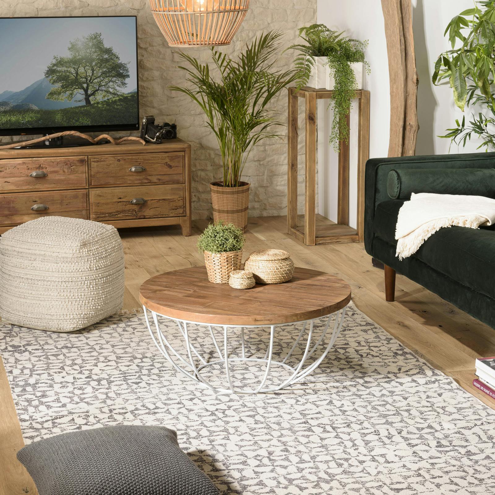 Table basse ronde teck recyclé métal blanc D 80 cm SWING | Tables ...