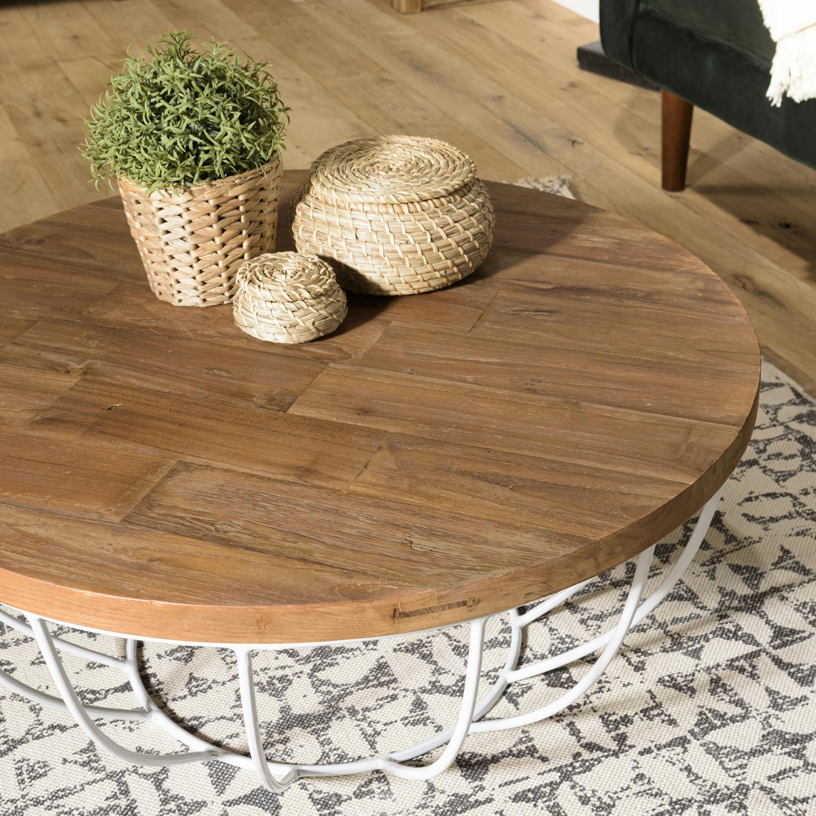 Table basse ronde teck recyclé métal blanc D 80 cm SWING | Tables ...