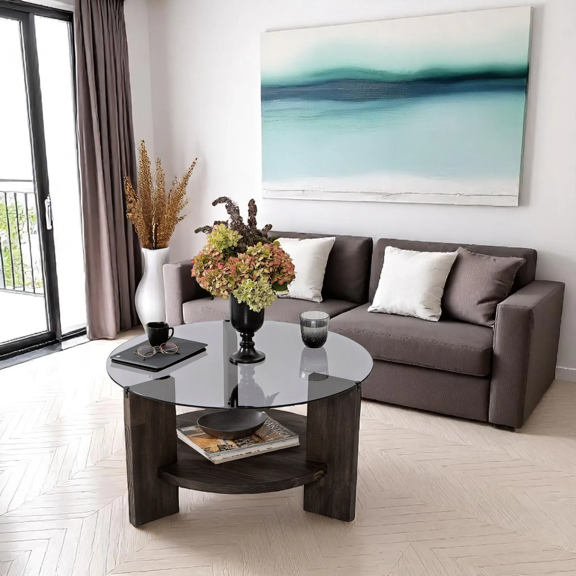 Table basse ronde verre fumé - 2 plateaux anthracite ANZIO | Tables ...