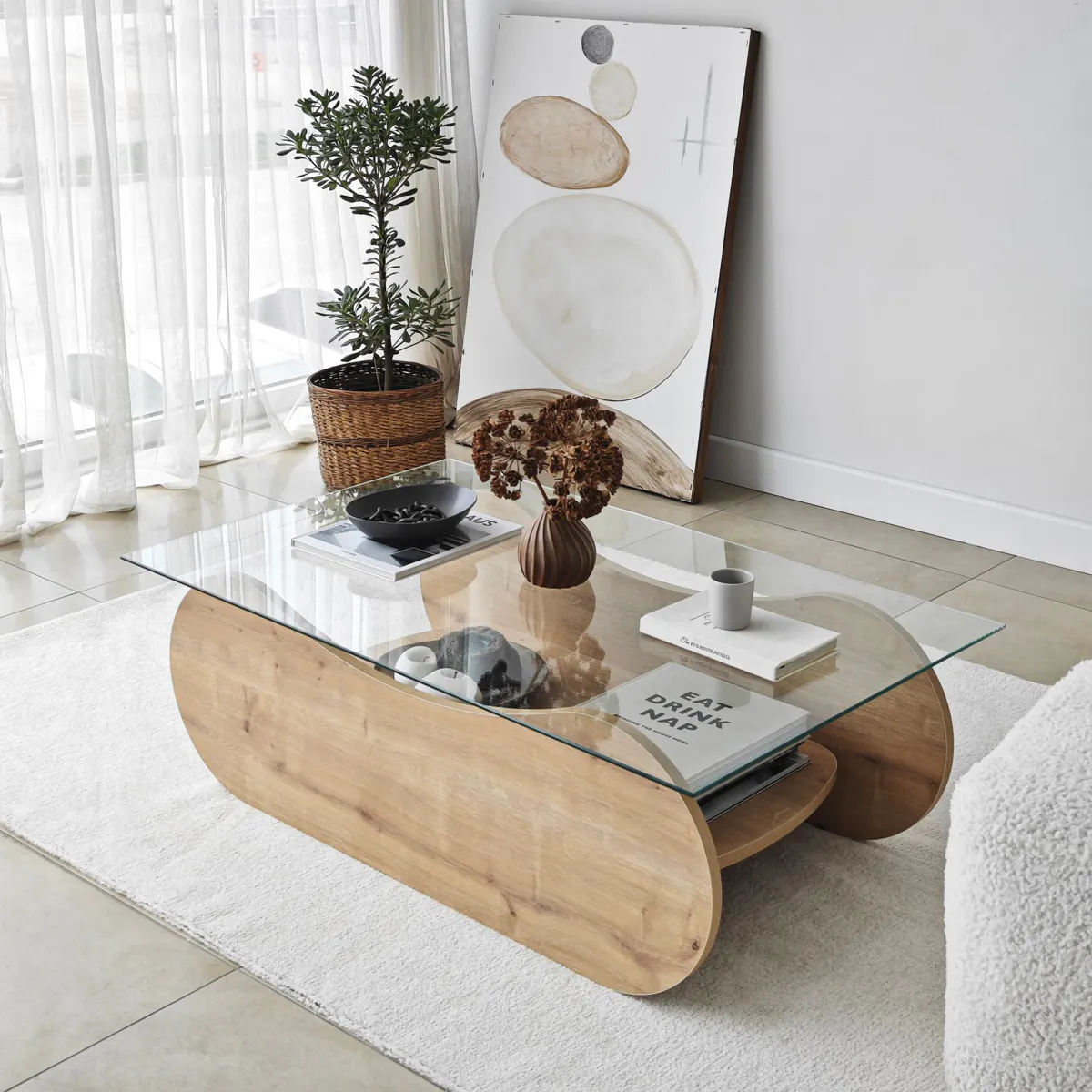 Table basse verre, base luge effet bois avec rangement SALTA | Tables ...