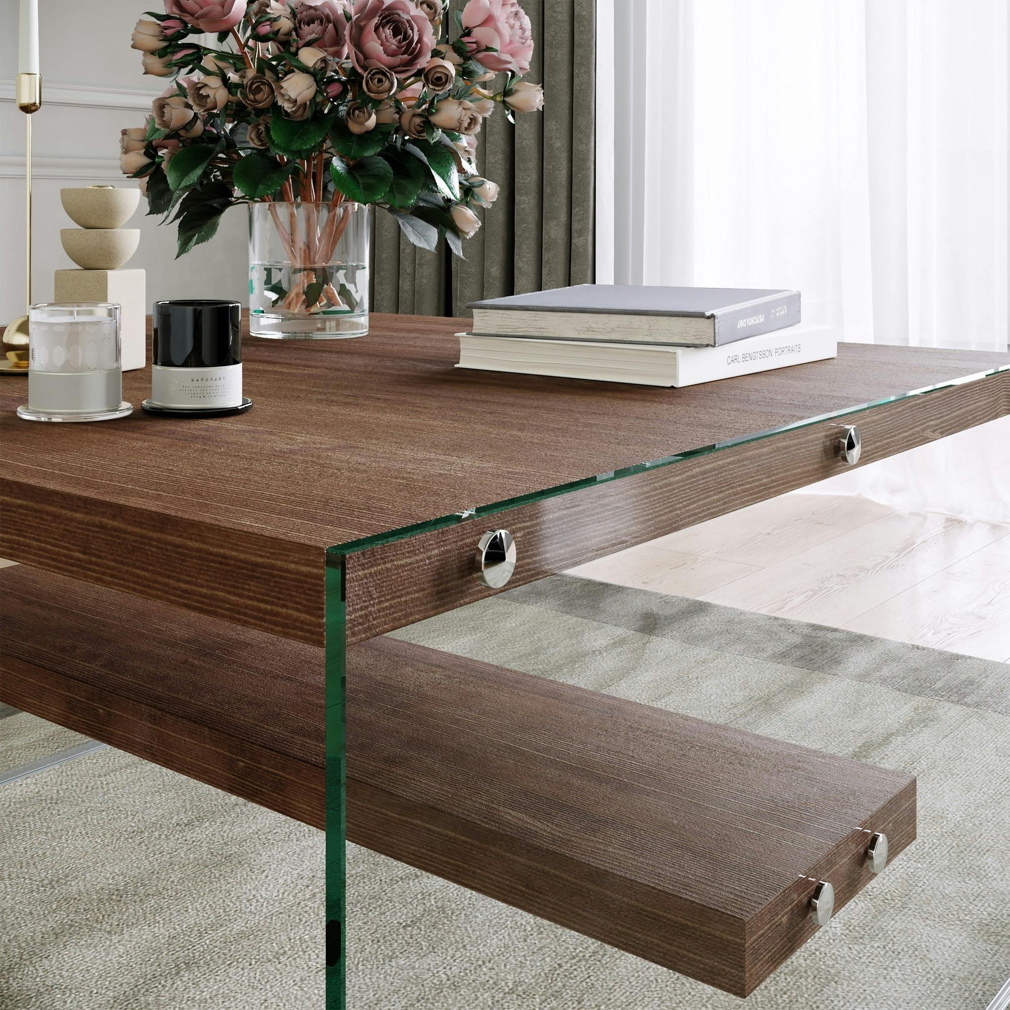 Table basse verre et bois - plateaux bruns suspendus LHASA | Tables ...