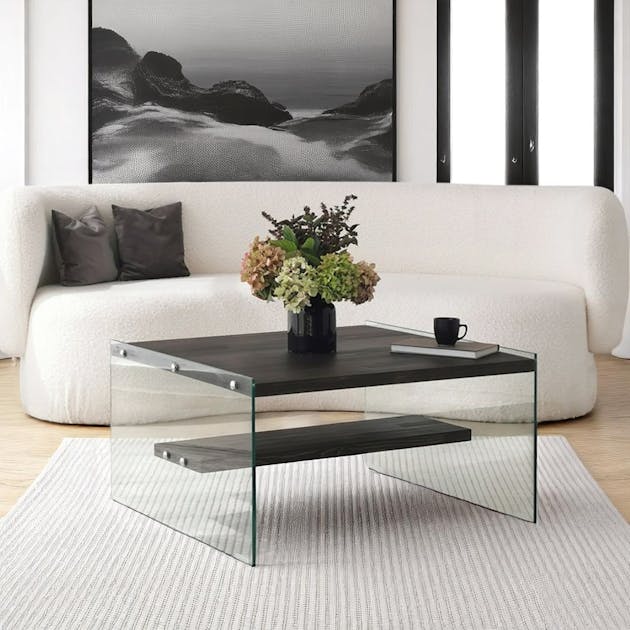 Table basse verre et bois - plateaux gris suspendus, LHASA | Tables ...